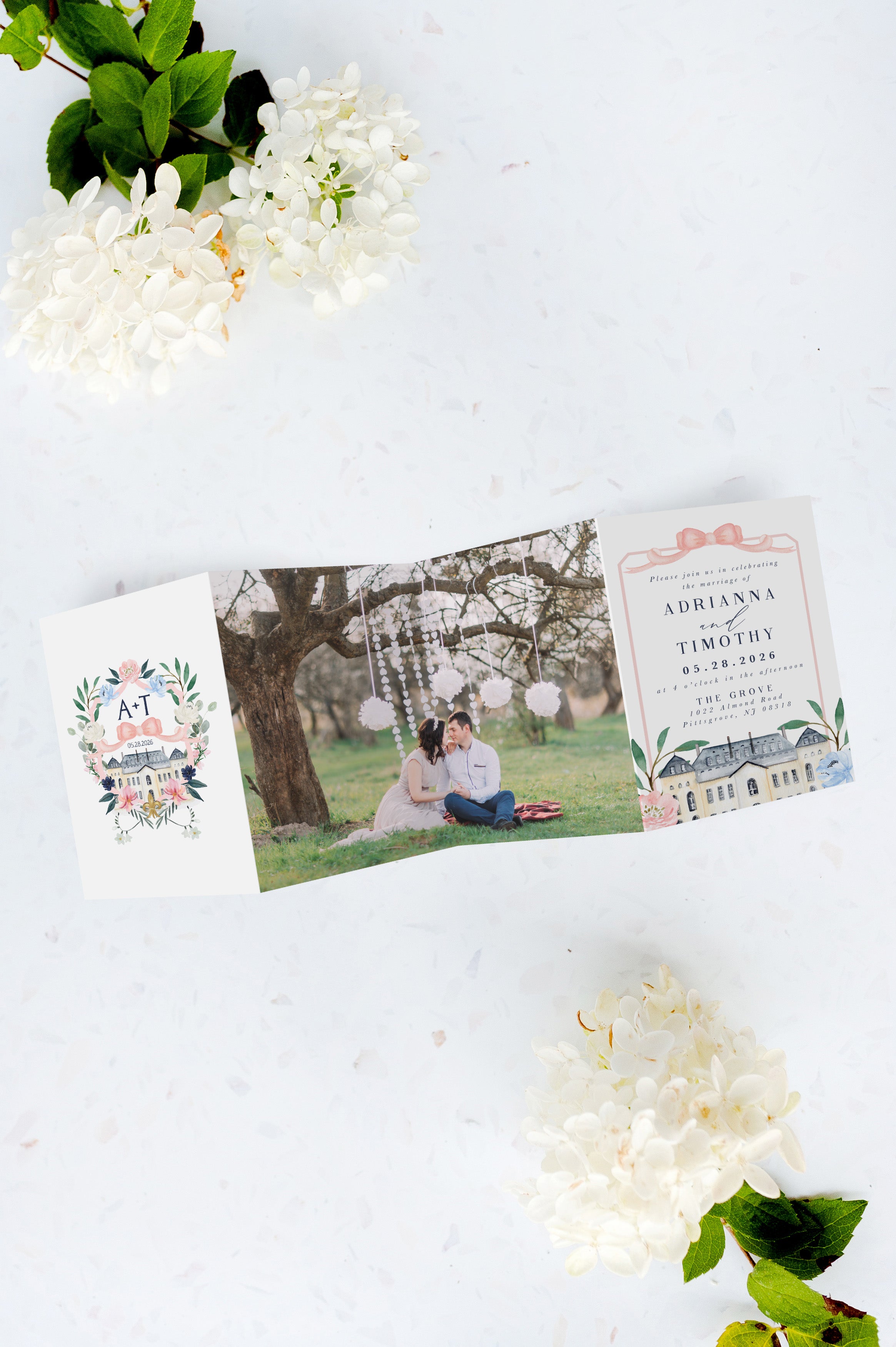 Soft Coral Crest Tri Fold Invitation – Truly Inspired Paper Co.